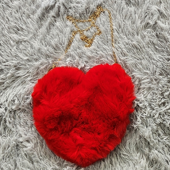 Bags | Red Faux Fur Heart Shape Goldtone Hardware Crossbody Bag | Poshmark